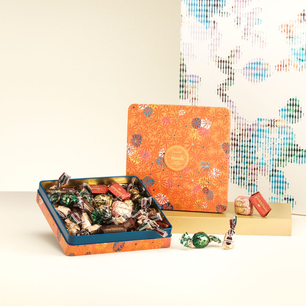 Murrine Orange Maxi Tin Square Metal Tin with Assorted Choco - Venchi