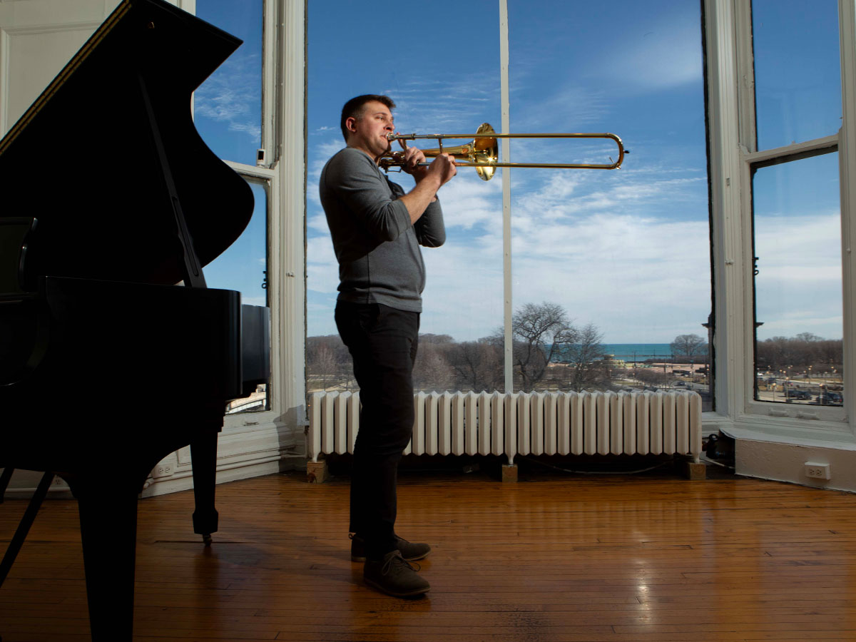 Trombone performance in the window